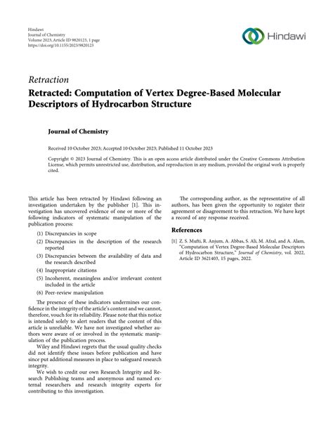 Pdf Retracted Computation Of Vertex Degree Based Molecular Descriptors Of Hydrocarbon Structure