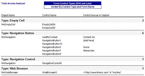 Microsoft Access Form And Report Controls Sorted By Control Type With Total Access Analyzer