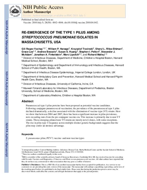 Pdf Re Emergence Of The Type 1 Pilus Among Streptococcus Pneumoniae Isolates In Massachusetts Usa