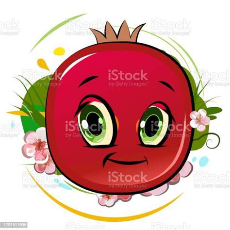 석류 쾌활한 미소 총구와 육즙 붉은 과일 만화 스타일 흰색 배경 위에 격리 벡터 그림입니다 밝은 여름 구성 0명에 대한 스톡 벡터 아트 및 기타 이미지 Istock
