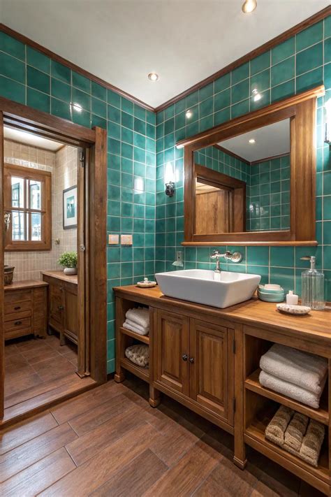 Modern Looks With Teal Bathroom Tiles Light And Layer