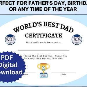 Best Dad Ever Certificate Number One Dad And Worlds Best Dad Award