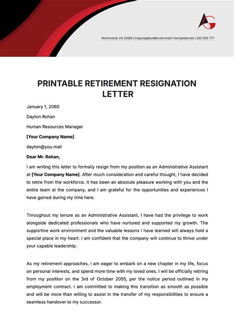 Free Printable Retirement Resignation Letter Template To Edit Online