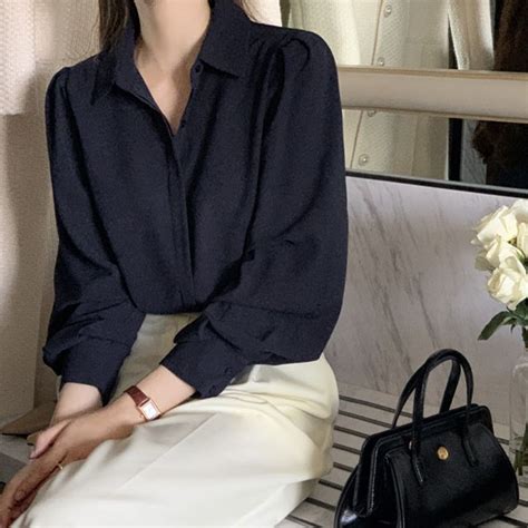 포스티 [프롬리리컬] ~xl 링클프리 모먼트 히든버튼 퍼프 카라 블라우스 Bs7740