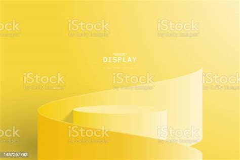 텅 빈 노란색 방이 렌더링된 3d 실린더 연단 또는 제품 디스플레이 스탠드가 기하학적 모양 벡터 렌더링으로 둘러싸여 있습니다 쇼 제품을 위한 무대 모형을 위한 최소한의 장면