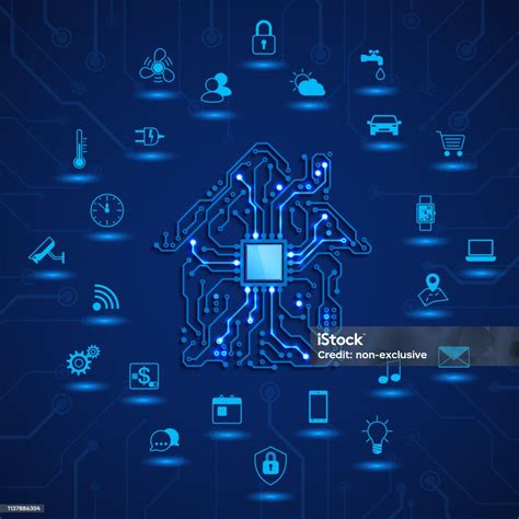 스마트 하우스 또는 Iot 개념 원격 모니터링 및 제어 스마트 하우스 집 회로 및 스마트 홈 기능 아이콘입니다 파란색 배경에 벡터 일러스트 레이 션 0명에 대한 스톡 벡터