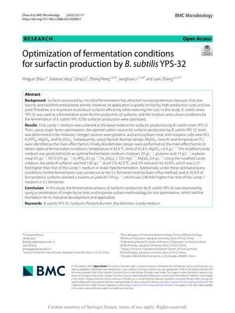 Pdf Optimization Of Fermentation Conditions For Surfactin Production By B Subtilis Yps 32