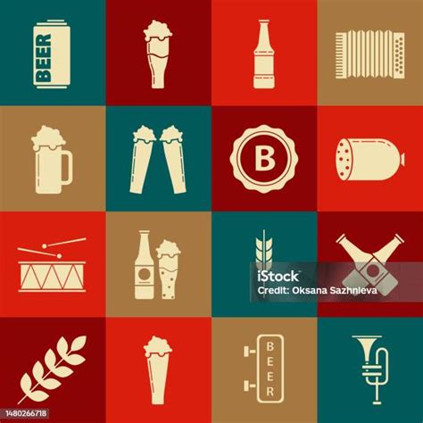 악기 트럼펫 교차 맥주 병 살라미 소시지 맥주 유리 캔 및 비문 아이콘이있는 병 뚜껑을 설정합니다 벡터 가득 찬에 대한 스톡 벡터 아트 및 기타 이미지 Istock
