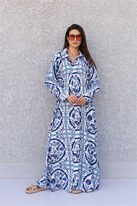 Beautiful Blue Print Kaftan Dress Caftans For Women Boho Kaftan Dress