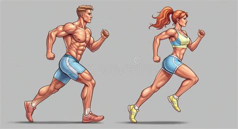 Drawing Of Athletic Looking Male And Female Runners Running Stock