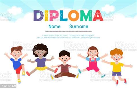 아이들을위한 디플로마 템플릿 플랫 스타일 인증서 유치원 및 초등학교 유치원 배경 벡터 일러스트레이션에 고립 감탄에 대한 스톡 벡터 아트 및 기타 이미지 Istock
