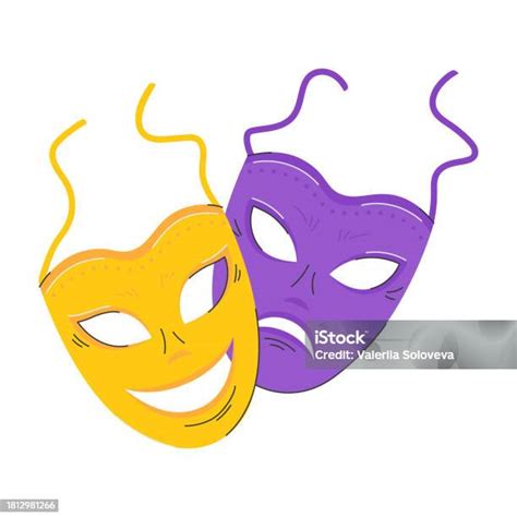 희극적이고 비극적인 마스크 아이콘입니다 가장 무도회 연극 가면 카니발 의상의 요소 브라질 카니발인 마디 그라의 상징 평면 벡터 그림은 흰색 배경에 고립되어 있습니다 드로잉에