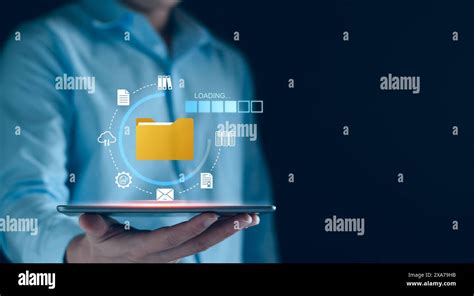 Document Management And Network System Concept Businessman Use Smart Tablet Loading Documents