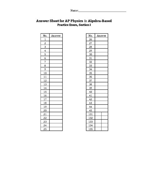 Ap Physics 1 2022 Practice Exam 2 Mcq Name Answer Sheet