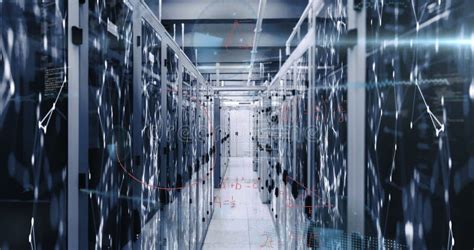 Image Of Mathematical Equations Against Network Of Connections Over Server Room Stock Image