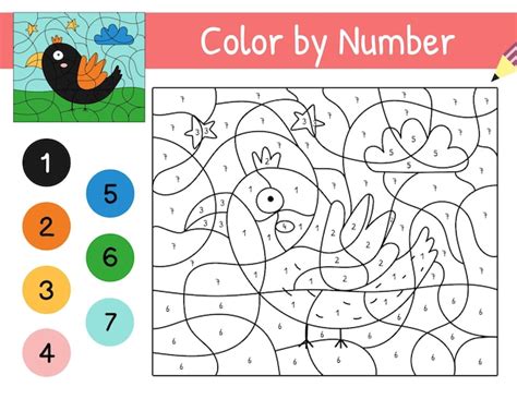 아이들을 위한 숫자 게임으로 귀여운 새 색상 재미있는 까마귀 캐릭터가 있는 색칠 공부 페이지 프리미엄 벡터