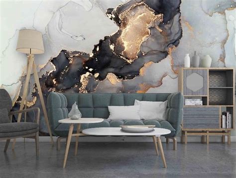Black And Gold Marble Wallpaper Abstract Fluid Ink Wall Mural With