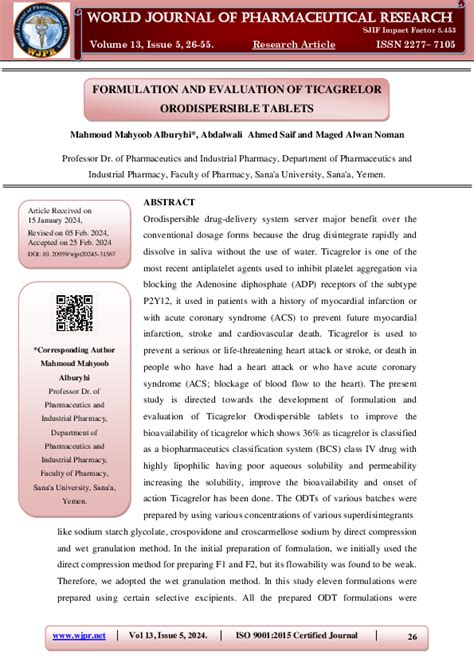 Pdf Formulation And Evaluation Of Ticagrelor Orodispersible Tablets