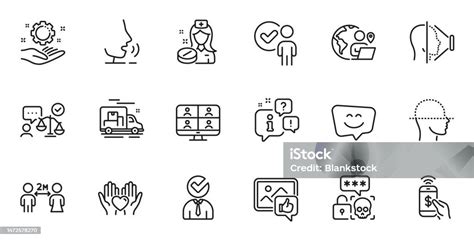 검증 사람 화상 회의 및 웹 응용 프로그램에 대한 아웃소싱 작업 라인 아이콘의 개요 세트 벡터 간호사에 대한 스톡 벡터 아트 및