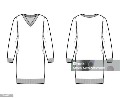 긴 소매가 있는 V넥 드레스 스웨터 테크니컬 패션 일러스트 릴렉스 핏 무릎 길이 니트 리브 트리밍 플랫 점퍼 스웨터에 대한 스톡