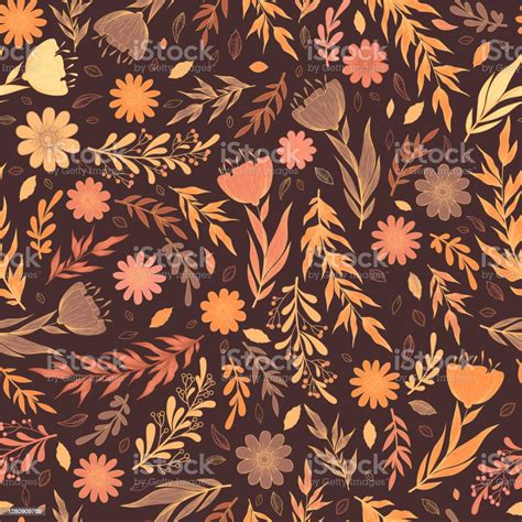 갈색 배경에 손으로 그린 꽃 요소 가지 나뭇잎과 꽃과 원활한 벡터 패턴 직물 인쇄 카드 초대장 가정 장식 벽지 직물에 대한 가을 그림 10월에 대한 스톡 벡터 아트 및 기타
