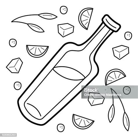 얼음 조각과 감귤 조각으로 둘러싸인 차가운 음료 병 흑백 벡터 그림을 낙서합니다 감귤류 과일에 대한 스톡 벡터 아트 및 기타