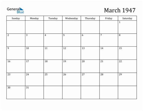 March 1947 Monthly Calendar Pdf Word Excel