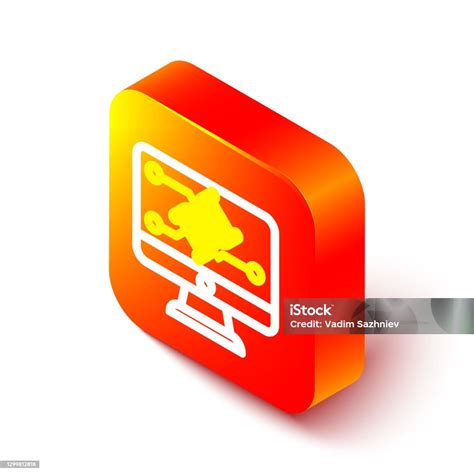 흰색 배경에 격리 된 모니터 아이콘에 등색 라인 유전 공학 수정 Dna 분석 유전학 검사 복제 주황색 정사각형 버튼 벡터 Dna