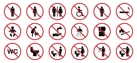 경고 허용 안 됨 라운드 기호 주의 빨간색 정지 원 기호입니다 금지 된 수집 금지 금지 된 픽토그램 세트 주의 제한 구역 블랙 실루엣 아이콘입니다 격리된 벡터 일러스트 레이