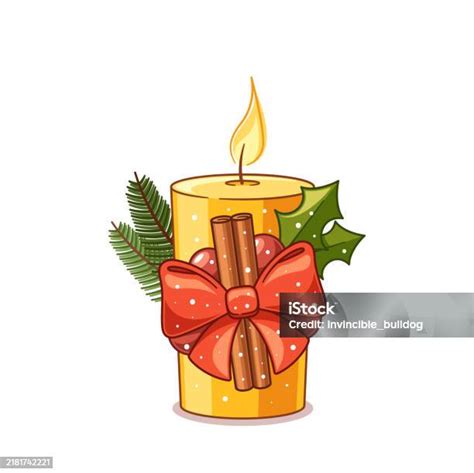 불타는 크리스마스 촛불 장식은 호랑가시나무 소나무 가지 그리고 빨간 리본 활로 장식 만화 벡터 일러스트 레이 션 12월에 대한