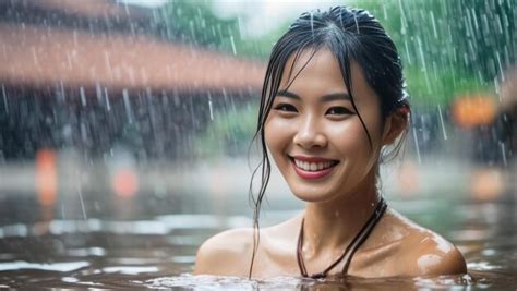 Portrait Of Beautiful Erotic Smiling Wet Asian Woman In The Water In
