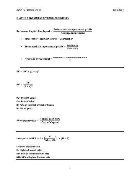 F Formula List ACCA Studocu