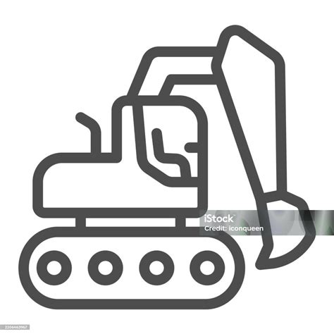 버킷 라인 아이콘이 있는 크롤러 굴삭기 도로 개념 만들기 벡터 그래픽입니다 굴삭기 차량 흰색 배경에 무거운 운송 표지판 모바일 또는 웹 디자인에 대한 개요 스타일 아이콘