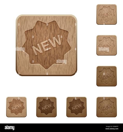 set of carved wooden new badge buttons 8 variations included arranged