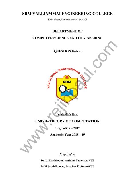 Cs8501 Theory Of Computation Important Questions Theory Of Computation Valliammai