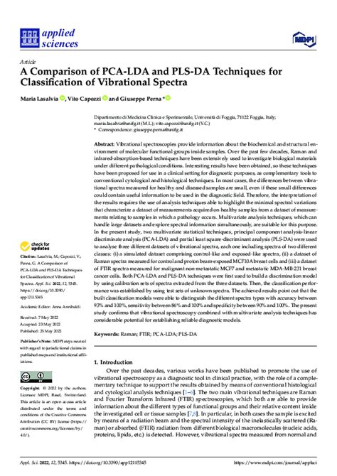 Pdf A Comparison Of Pca Lda And Pls Da Techniques For Classification Of Vibrational Spectra