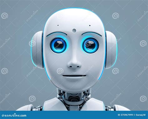Futuristic Friendly Robot With Glowing Blue Eyes Ai Assistant Concept On Blue Background Stock