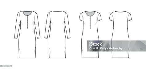셔츠 드레스 테크니컬 패션 일러스트와 헨리 넥 긴 반소매 무릎 길이 오버사이즈 바디 0명에 대한 스톡 벡터 아트 및 기타 이미지 0명 검은색 공란 Istock