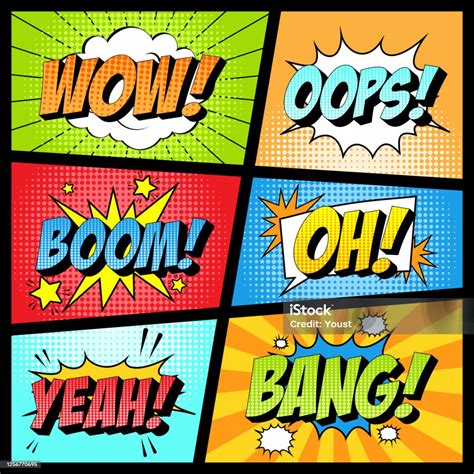 팝 아트 스타일의 만화 아이콘의 다채로운 세트 와우 죄송합니다 붐 오 그래 쾅 다이너마이트에 대한 스톡 벡터 아트 및 기타