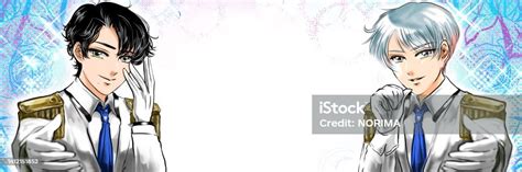 은색과 검은색으로 장식된 머리카락을 가진 잘 생긴 우상들의 만화 스타일의 컬러 와이드 일러스트레이션이 화이트 프린스 스타일의