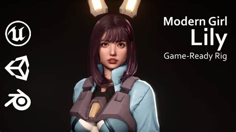 Artstation F2 Cyber Girl Luna Game Character Rig Blender Unreal Unity Game Assets