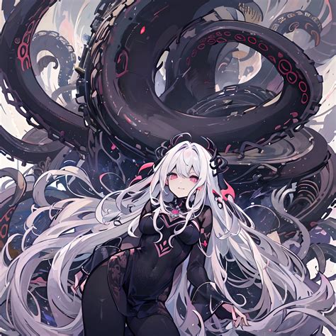 Anime Girl With Long White Hair And Black Outfit Standing In Front Of