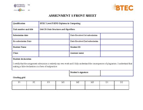 Unit 19 Assignment 1 Frontsheet Assignment 1 Front Sheet Qualification Btec Level 5 Hnd