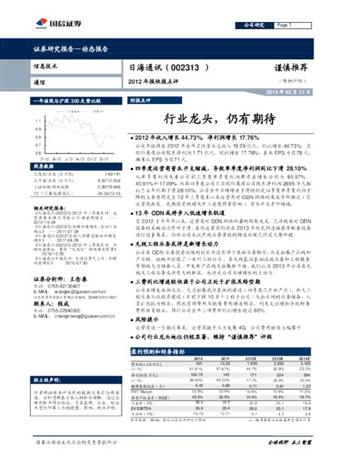 日海通讯0023132012年报快报点评：行业龙头，仍有期待