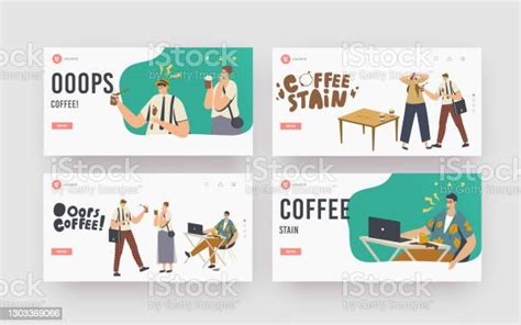 음료 스플래시 랜딩 페이지 템플릿 세트에 문제가있는 사람들 옷과 노트북에 커피를 유출 문자는 얼룩을 넣어 엎지름에 대한 스톡