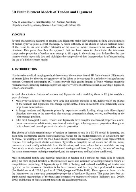 Pdf 3d Finite Element Models Of Tendon And Ligament