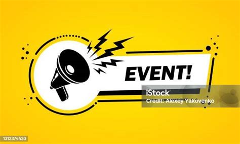 이벤트 음성 거품 배너와 메가 폰 확성기 비즈니스 마케팅 및 광고를 위한 라벨 격리된 배경의 벡터입니다 Eps 10 Brand