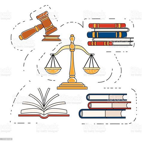 정의 비늘과 나무 판사 망치 법 망치 기호 와 법률 법률 및 경매 기호 플랫 벡터 일러스트 화이트 배경 윤곽 스타일 검사 변호사에 대한 스톡 벡터 아트 및 기타 이미지