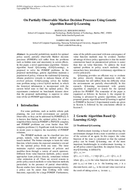 Pdf On Partially Observable Markov Decision Processes Using Genetic Algorithm Based Q Learning