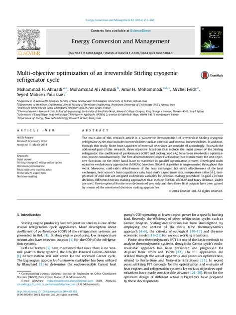 Pdf Multi Objective Optimization Of An Irreversible Stirling Cryogenic Refrigerator Cycle